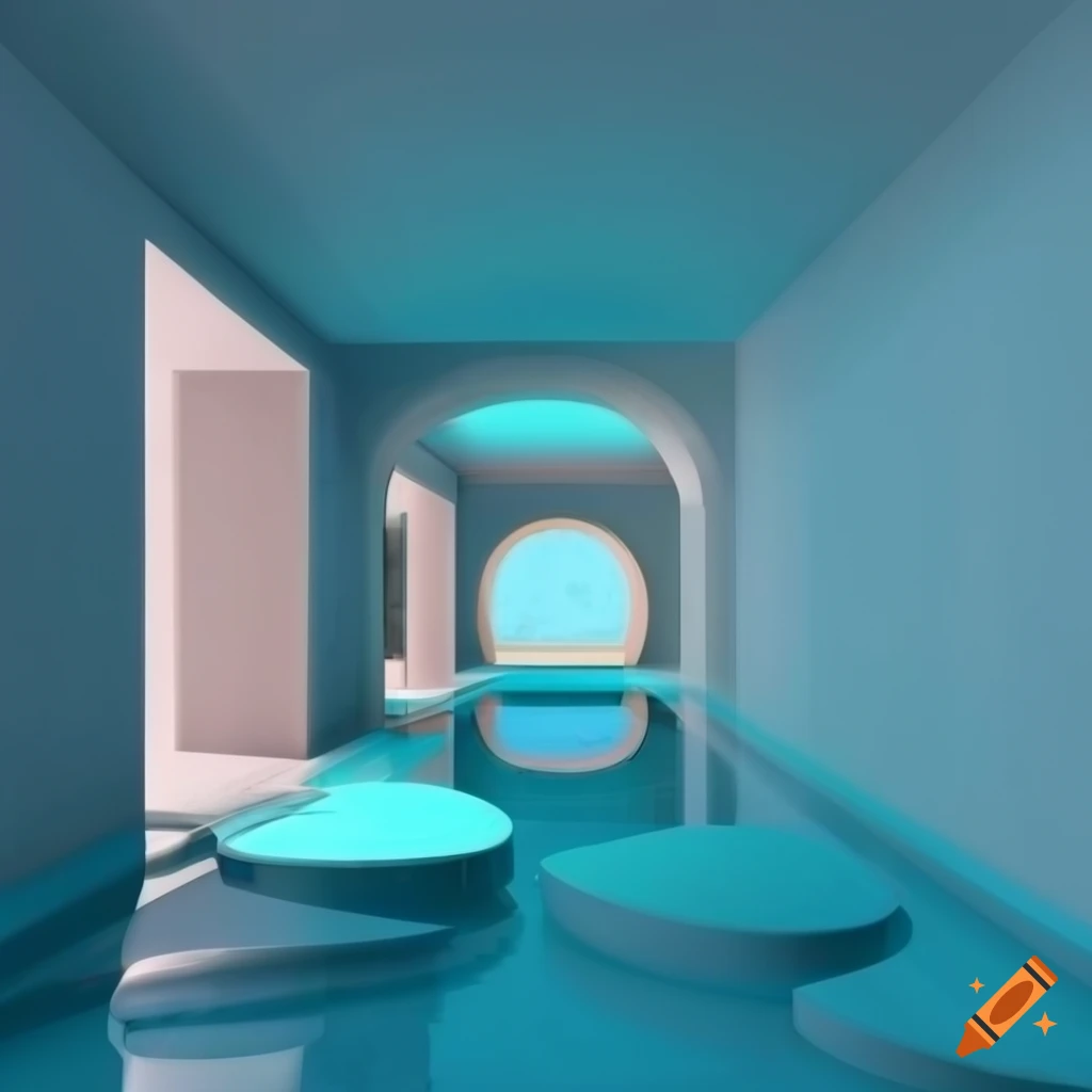 Surreal 3d rendered living room with pool hallway