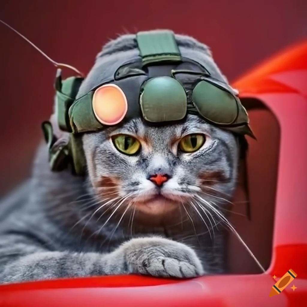 Cat wearing pilot headgear flying a red plane on Craiyon