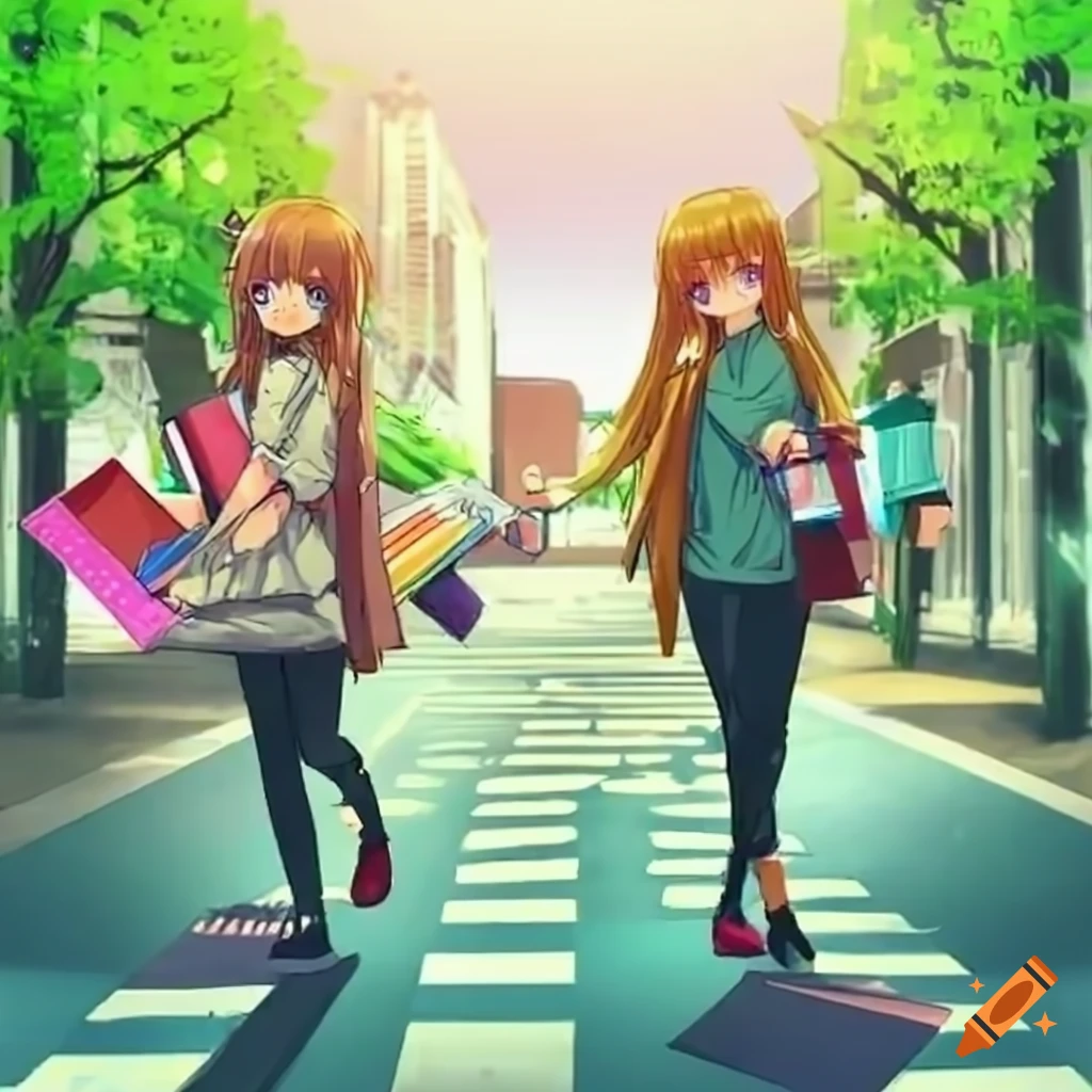 Anime girls walking and discussing on a greeny shopping street