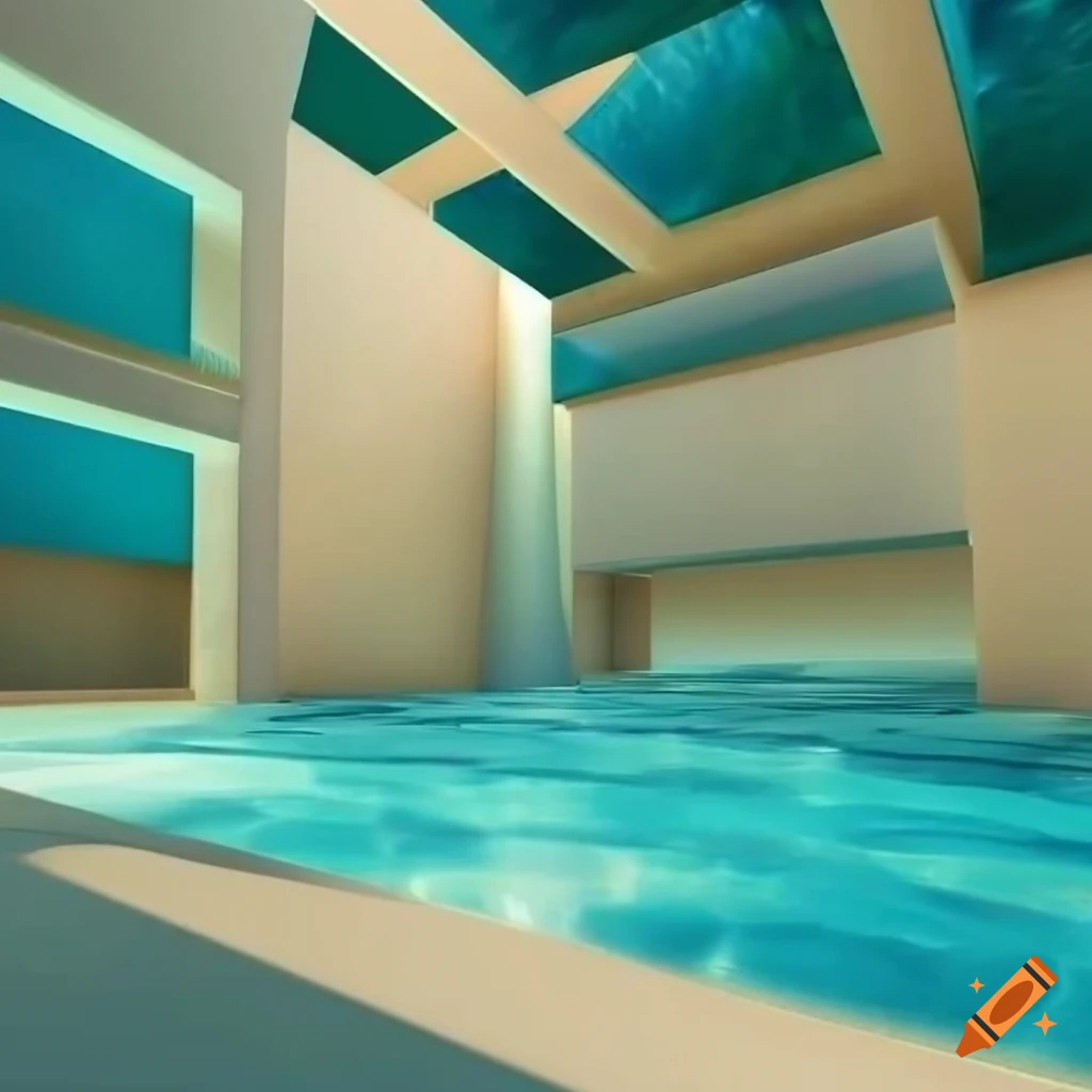 3d rendered architecture spa with pools and waterfalls on Craiyon