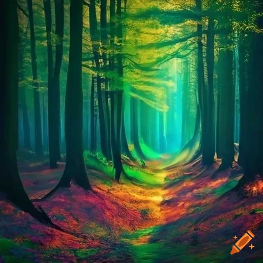 Vibrant and enchanting forest painting on Craiyon
