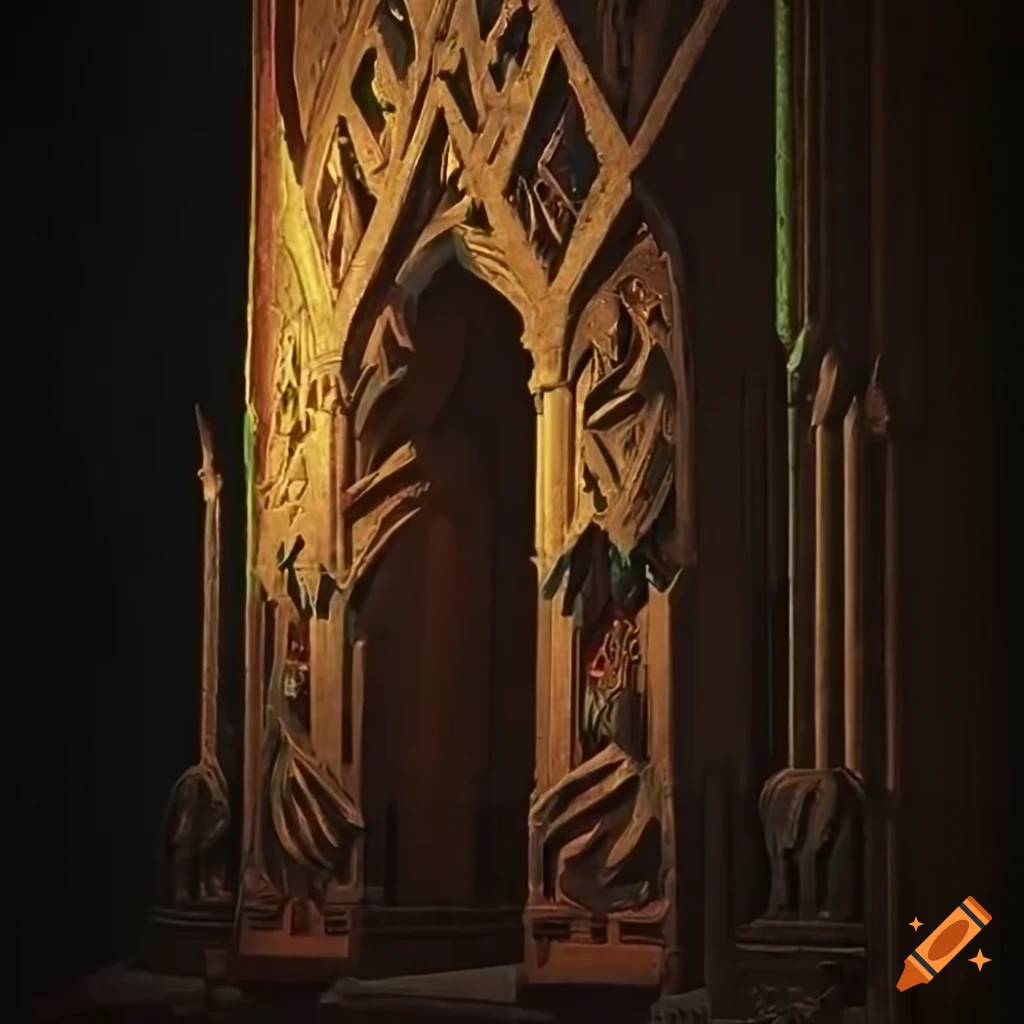 Digital art of architectural stave carving with light particles on Craiyon