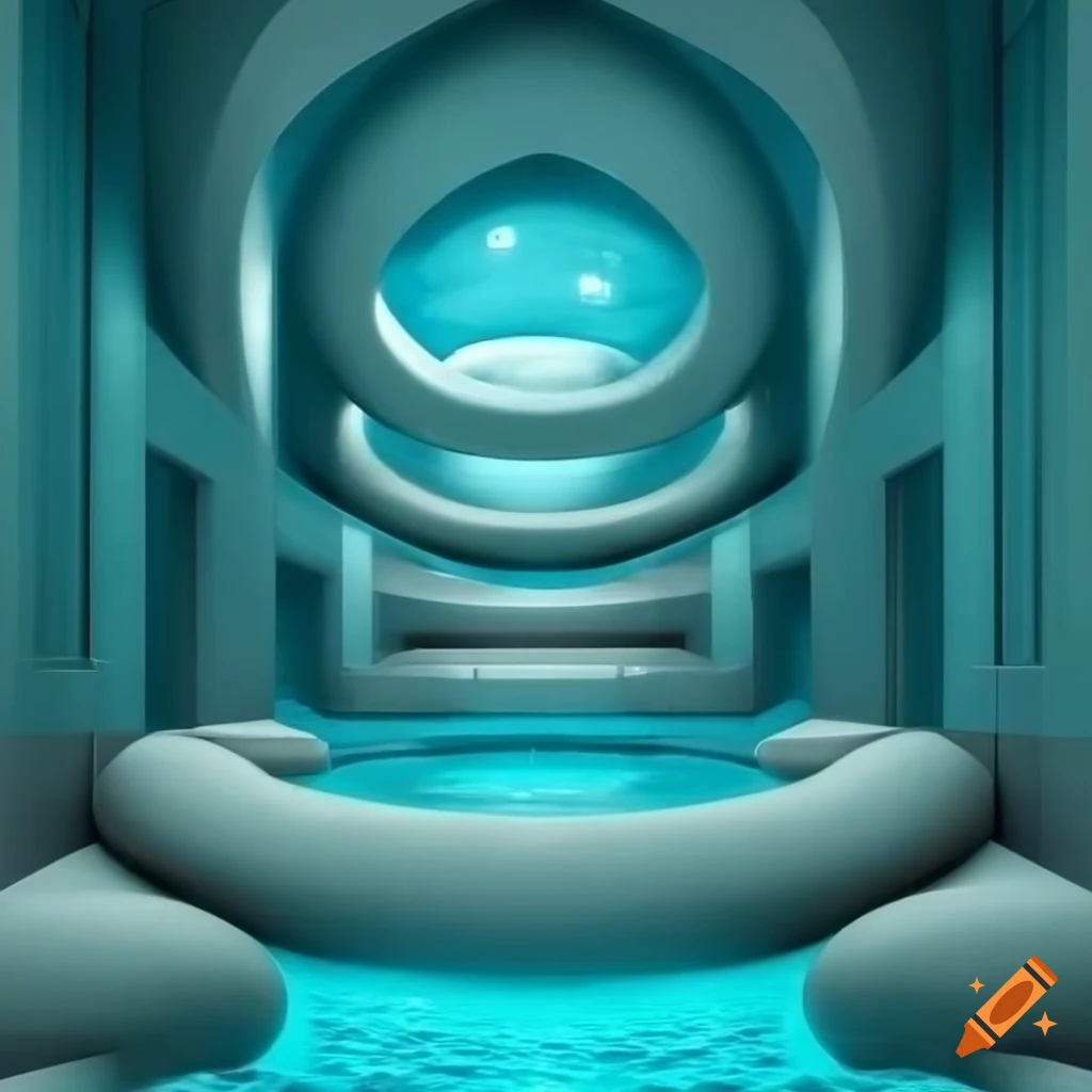 Surreal 3d rendering of an underwater spa with pools and waterfalls on ...