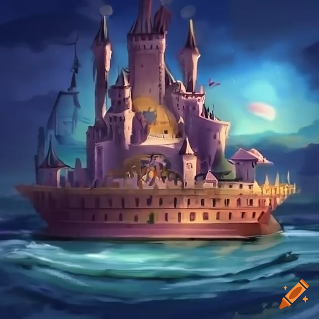 Fantasy illustration of a castle on a boat on Craiyon