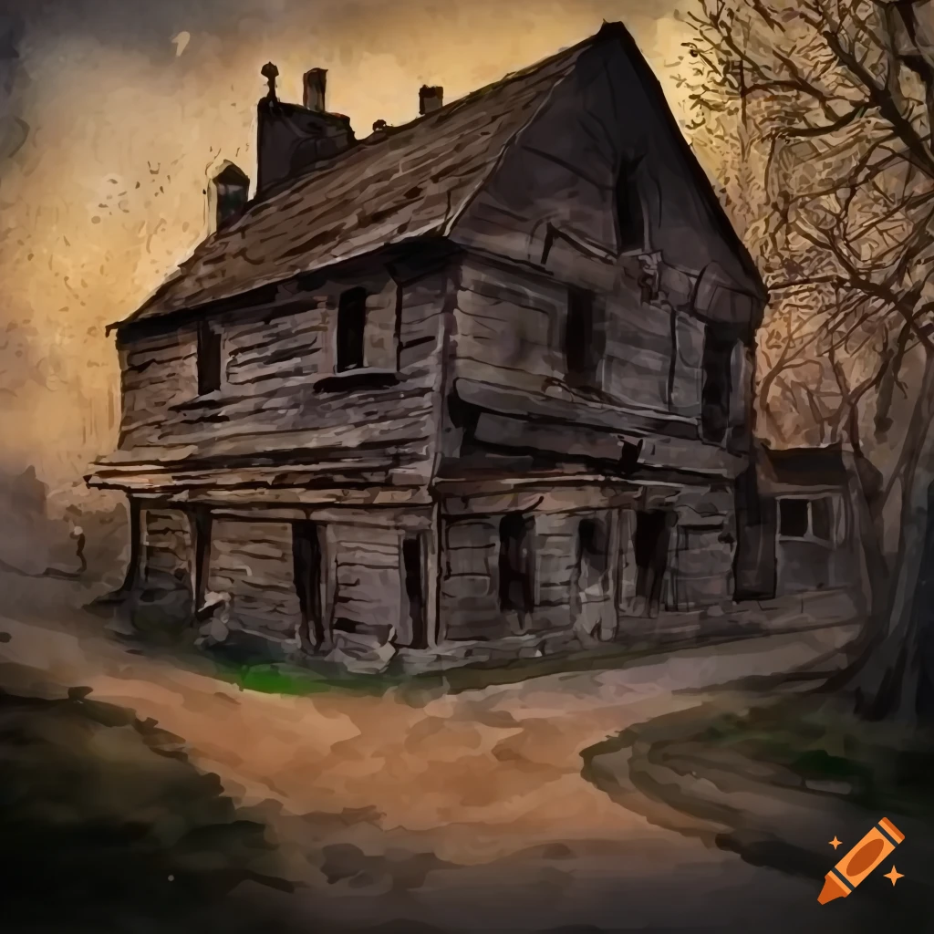 Front view of a decrepit wooden tavern in the mountains on Craiyon