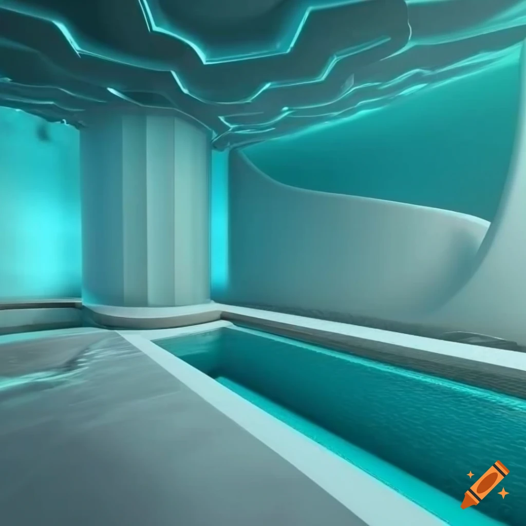 Surreal 3D rendering of an underwater spa with pools and waterfalls on Craiyon