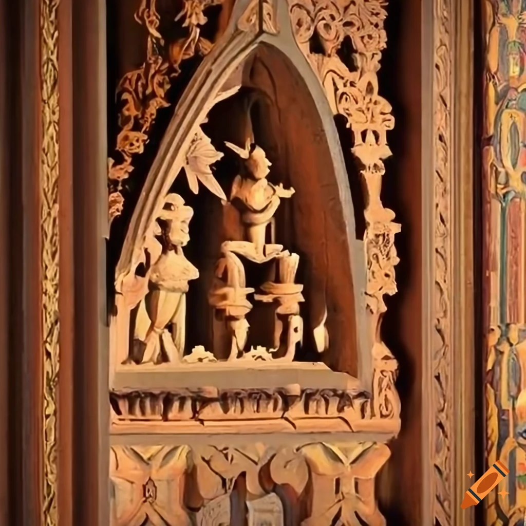 Detailed architectural stave carving in zelda game motif