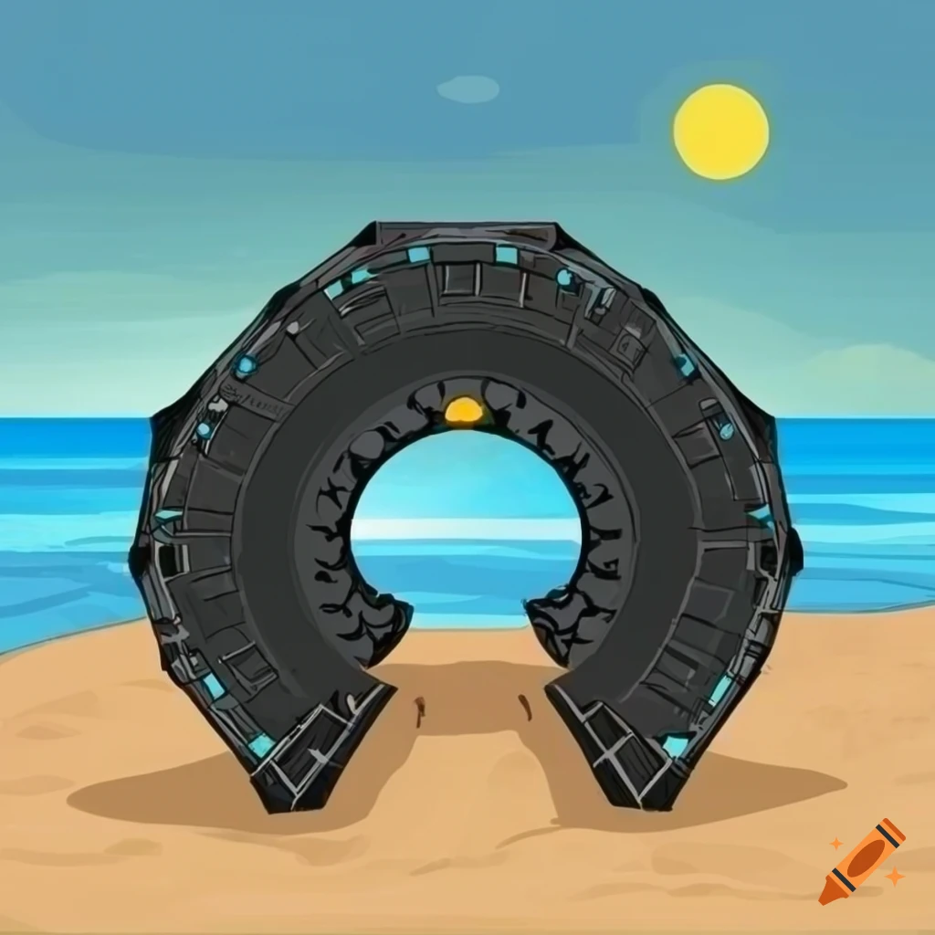 A green colored stargate standing in the middle of a beach with a ...