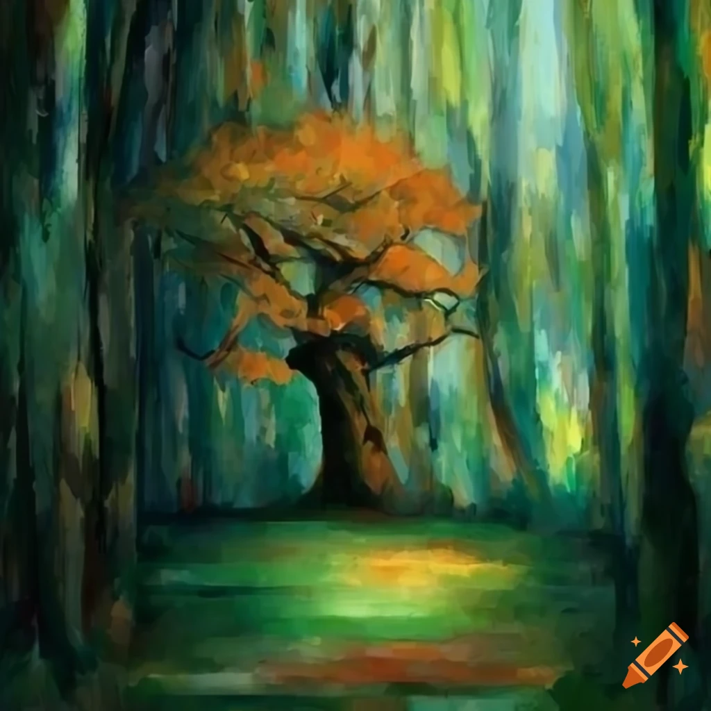 Enchanting painting of a small beech tree in a magical forest on Craiyon