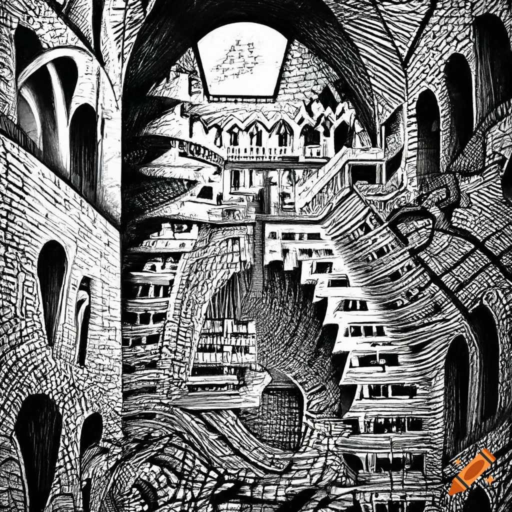 Black and white pencil drawing inspired by mc escher on Craiyon