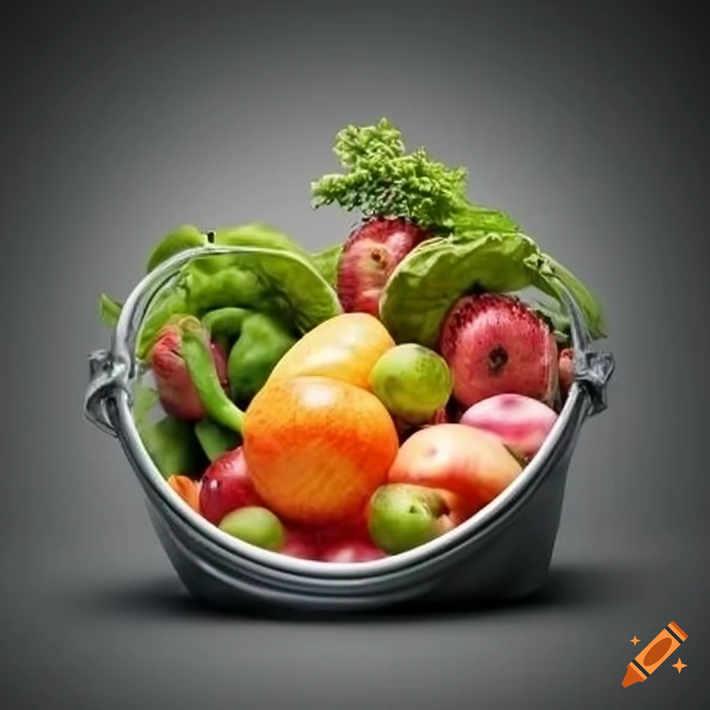 Fresh fruits and vegetables in a bucket on Craiyon