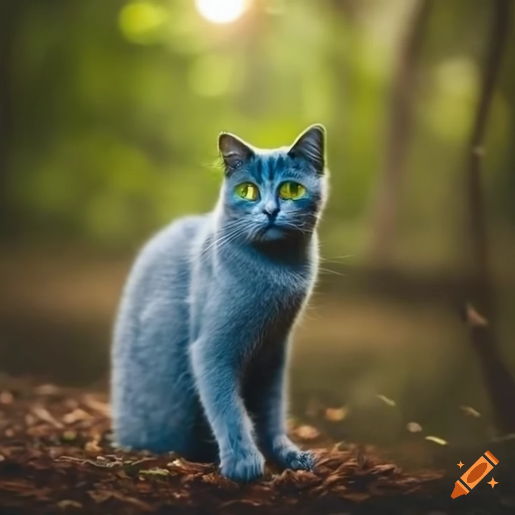 Realistic blue cat in the forest on Craiyon