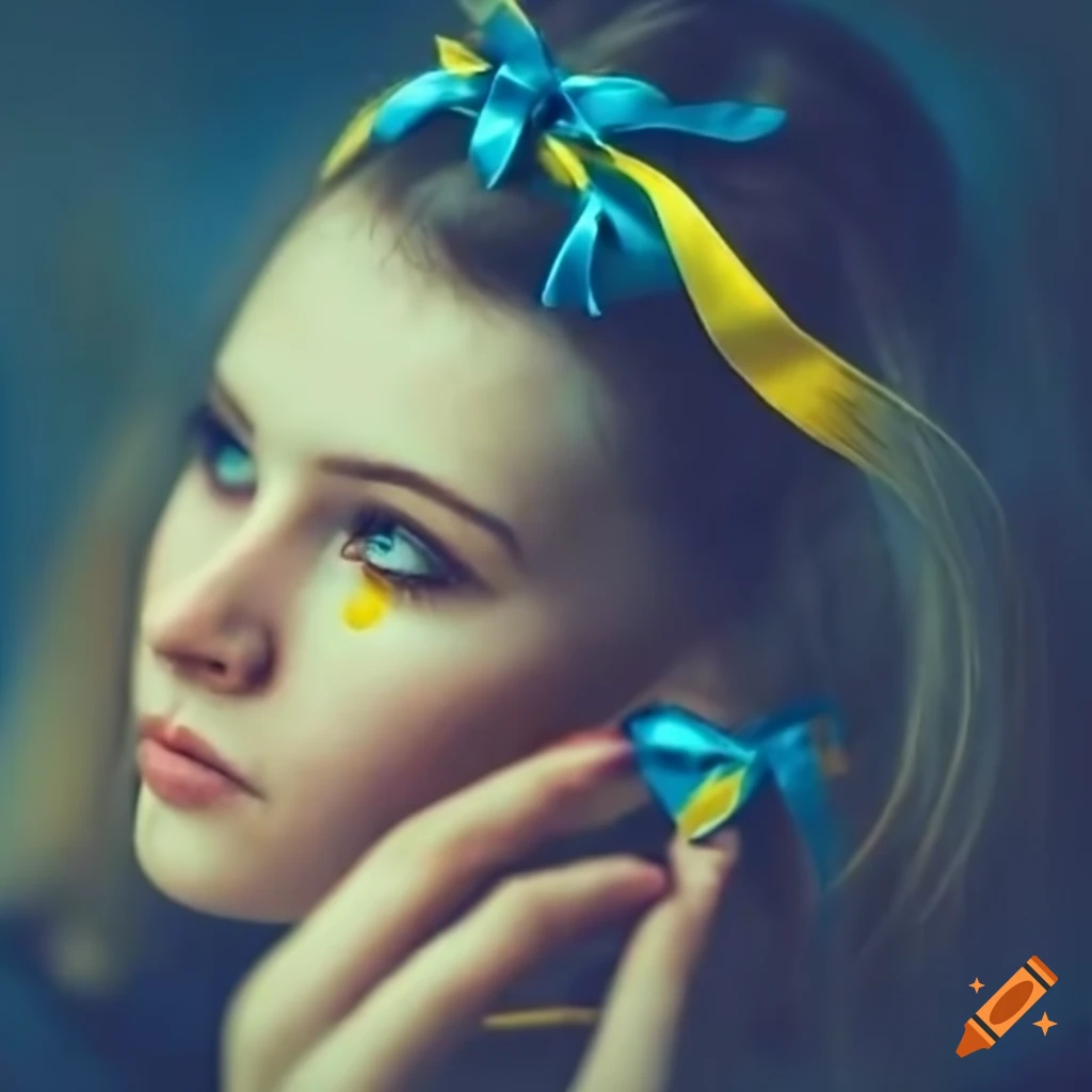 Girl with blue and yellow ribbons in her hair on Craiyon