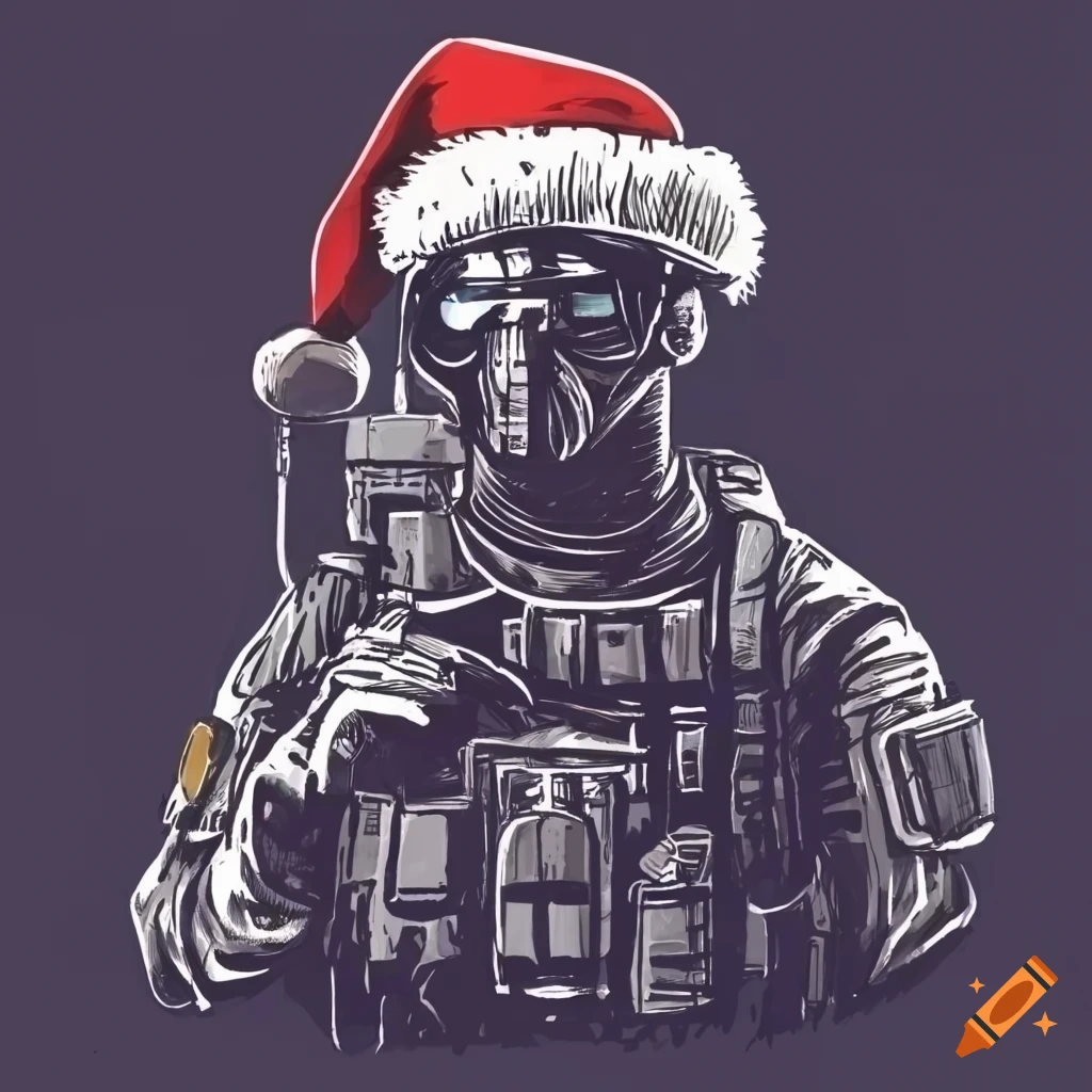 Sketch of a military operator with night vision wearing a santa hat