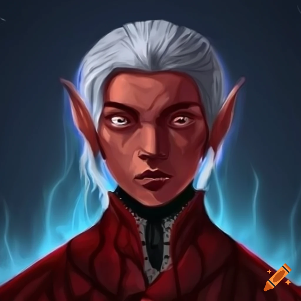 Art of a mysterious half-elf male wizard in red robes on Craiyon