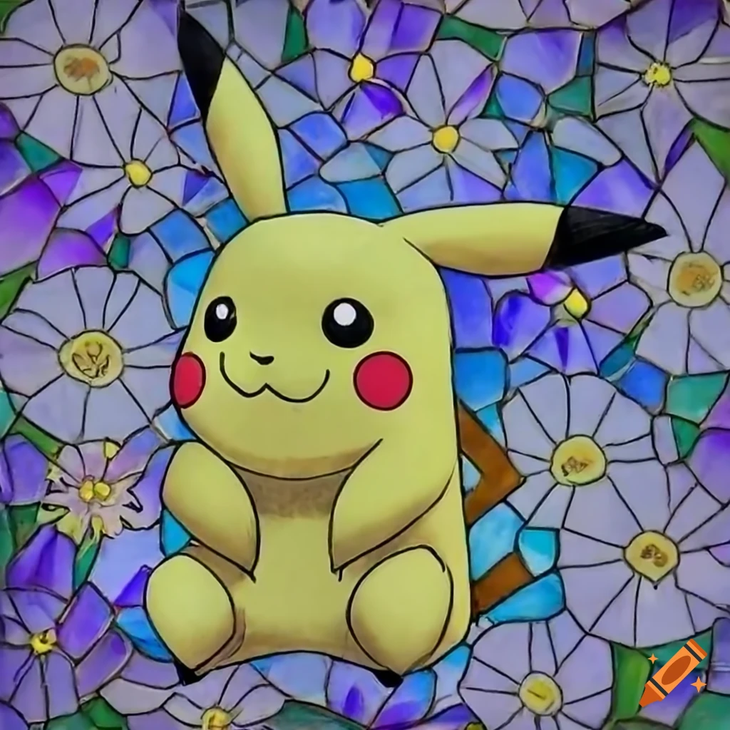 Stained glass artwork of pikachu in a field of flowers on Craiyon