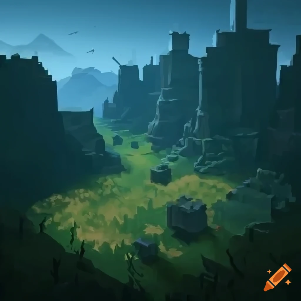 Detailed isometric concept art of a meadow in a video game on Craiyon