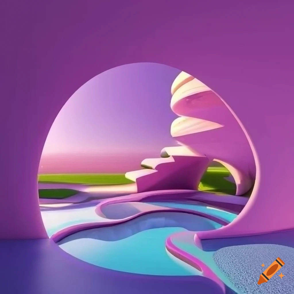 Surreal living room with flowing curvy forms and magenta lilac colors ...