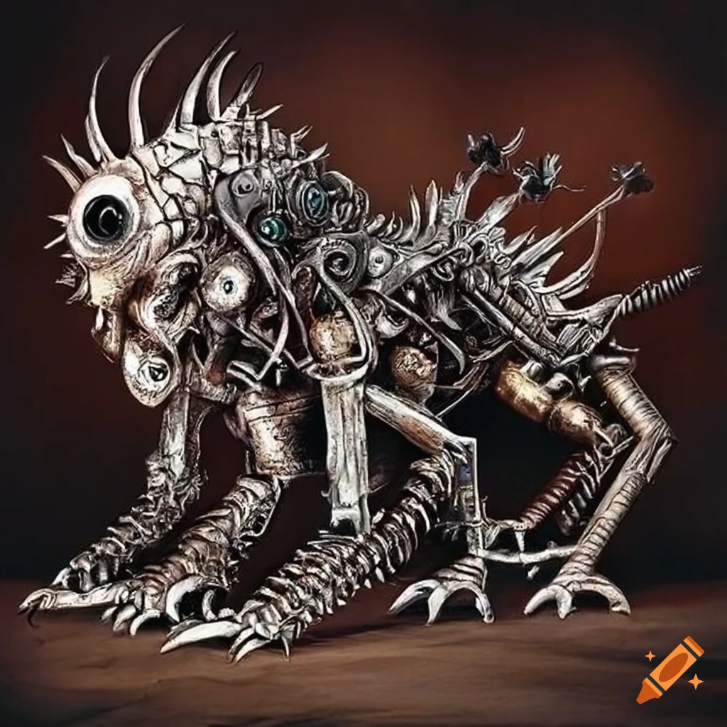 Sculptures of creatures made from scrap metal on Craiyon