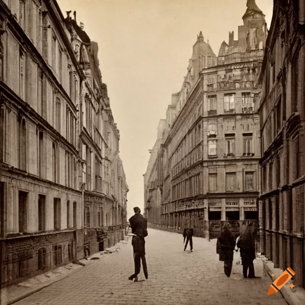 Photograph of a giant walking in a 19th century european city on Craiyon