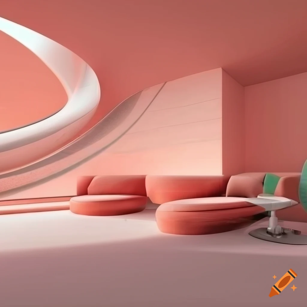 Surreal architecture living room with computer workspace and pool ...