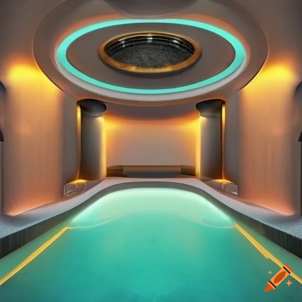 3D rendered surreal spa interior with pools and fountains on Craiyon
