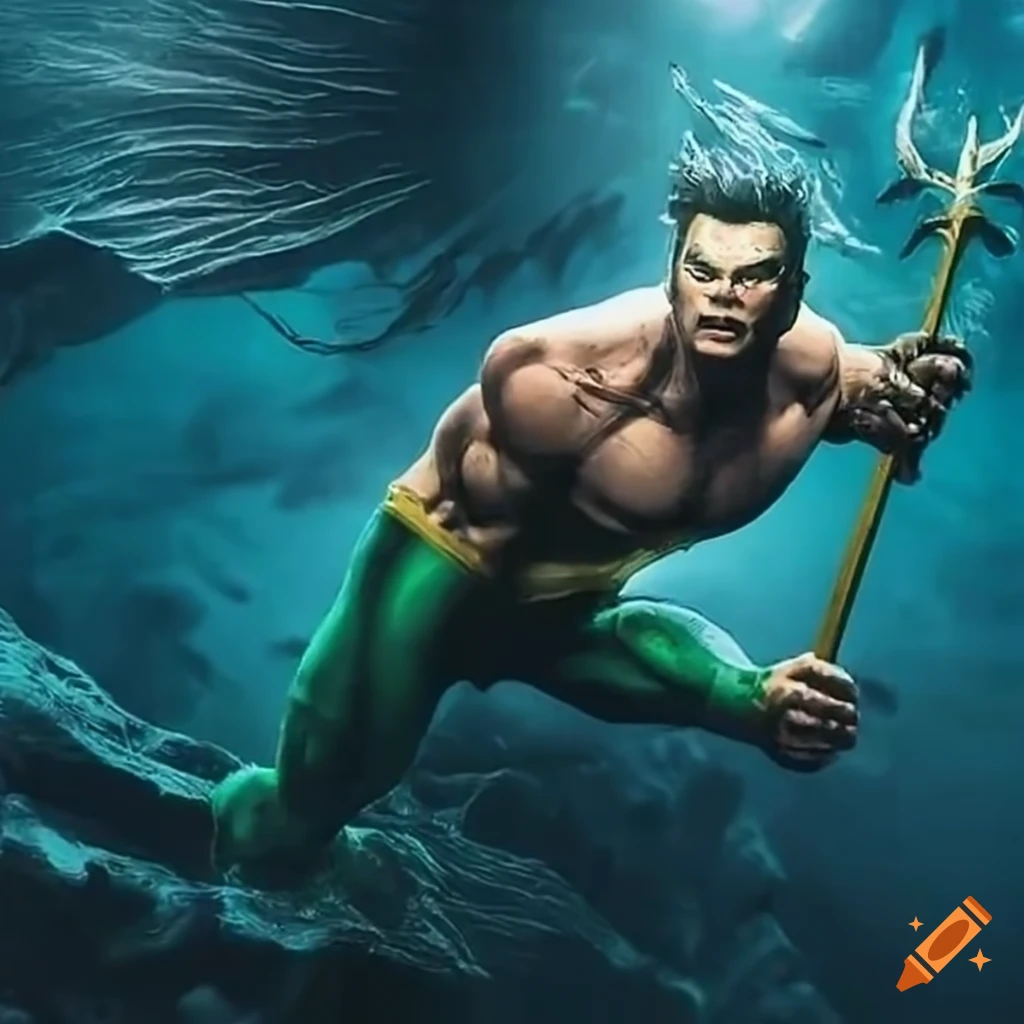 Tidal hydropower themed human superhero with trident and shield on Craiyon