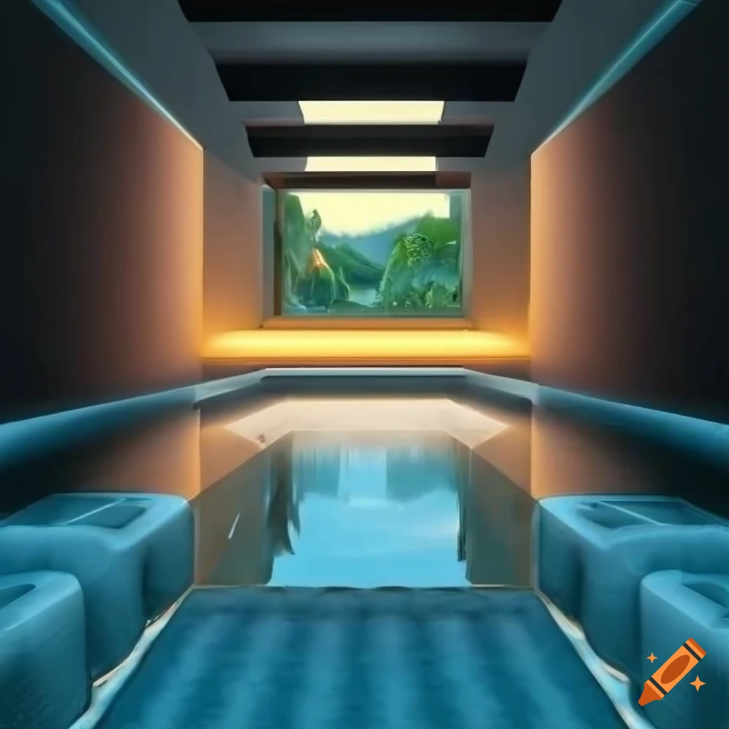 Surreal 3d rendered spa interior with waterfalls and curved forms