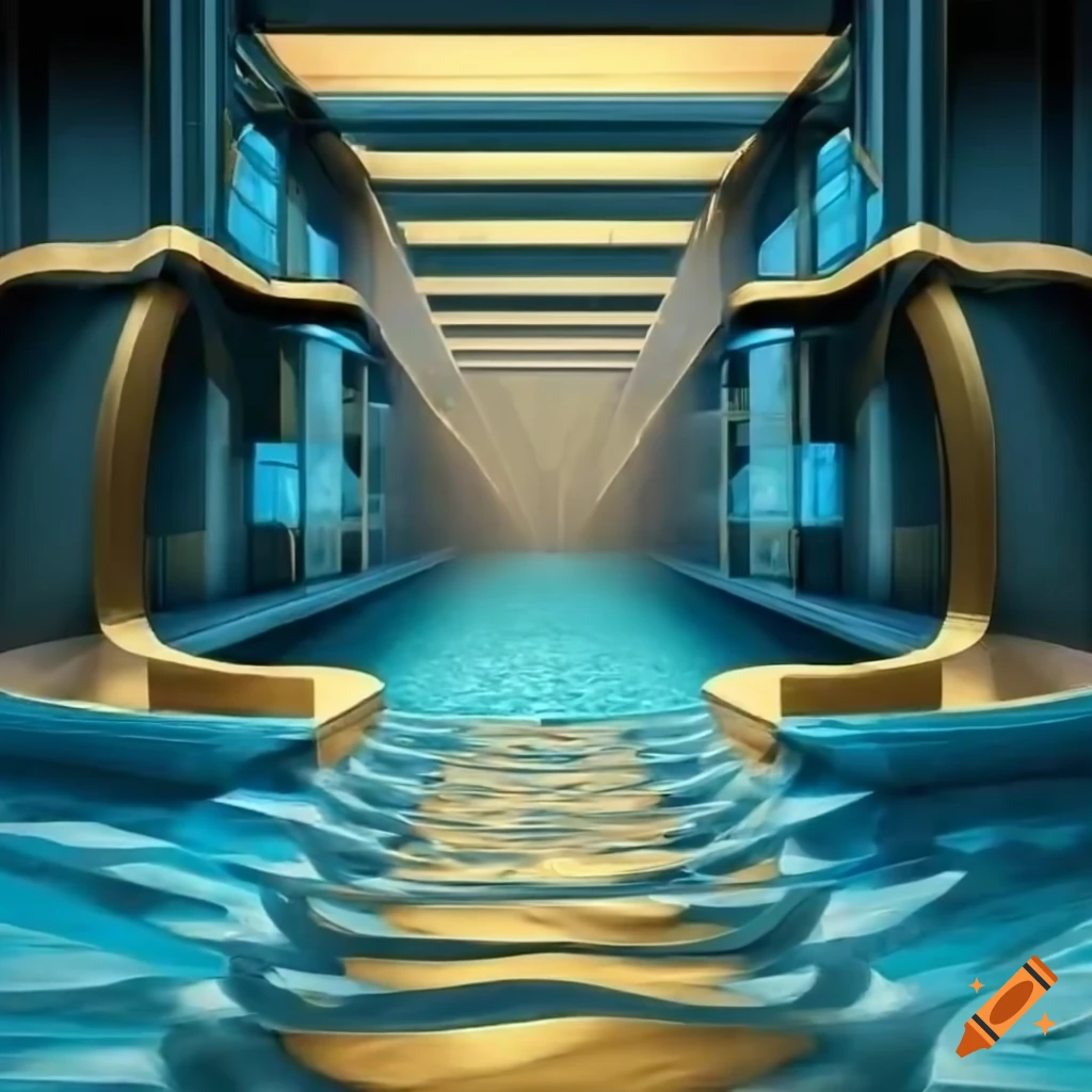 Surreal 3d rendered architecture of a spa with pools and waterfalls on ...