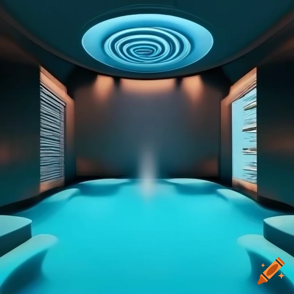 Surreal 3d rendered spa interior with pools and fountains