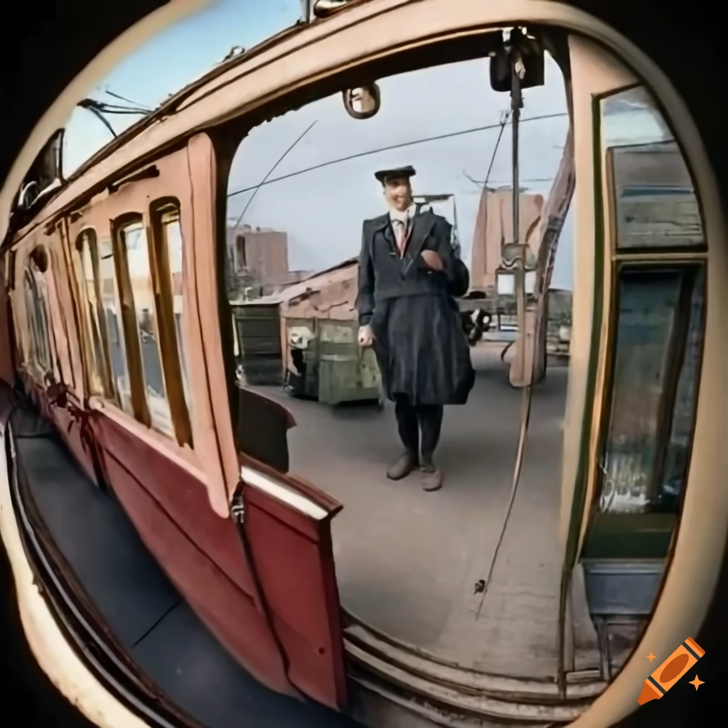 Realistic fisheye shot of a tram conductor in the 1940s on Craiyon