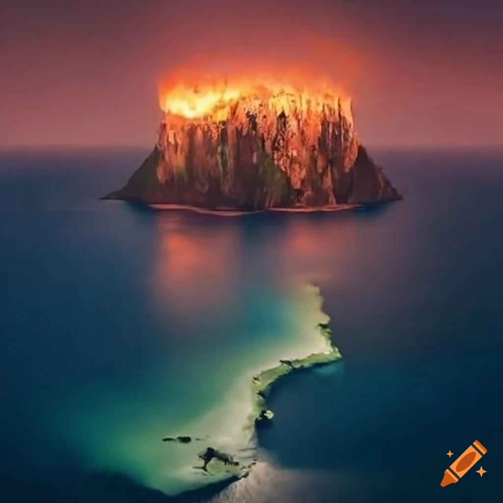 Island engulfed in fire with tall cliffs on Craiyon