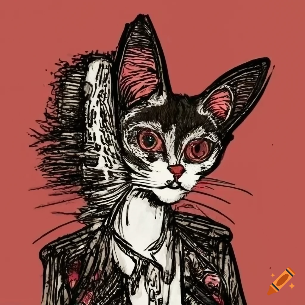 Grunge punk cat sketch with red eyes on Craiyon
