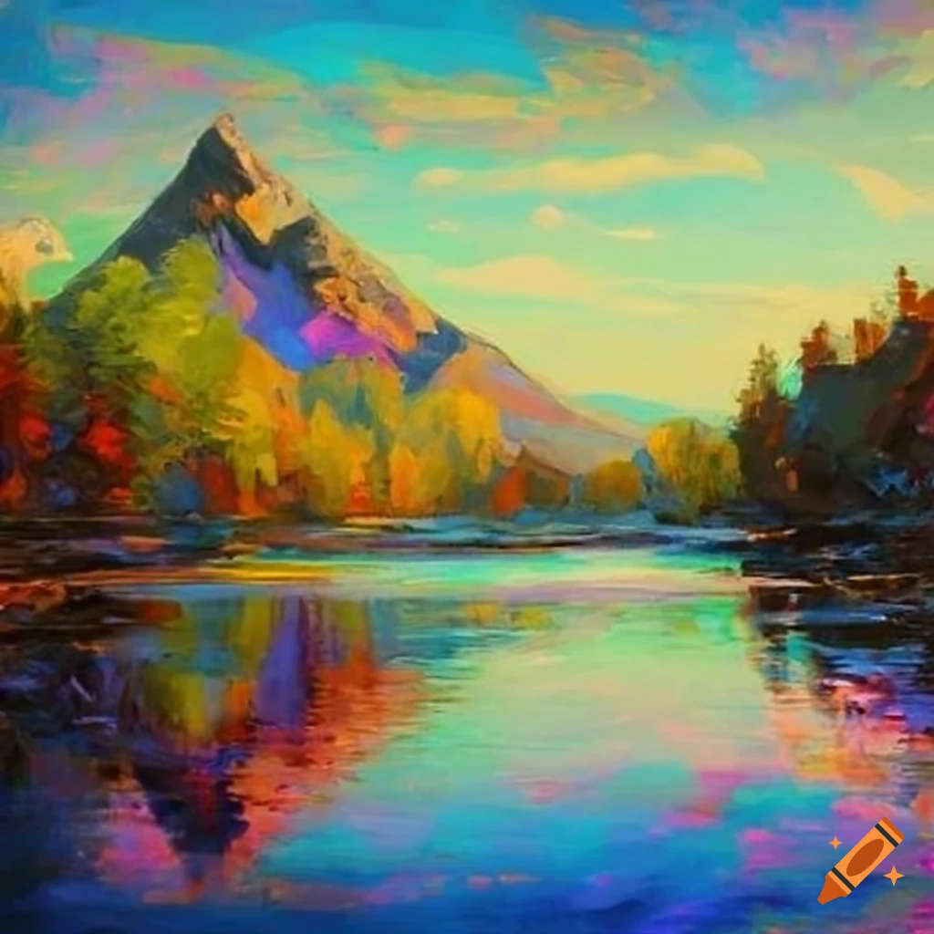 Impressionism painting of a diamond river flowing down a mountain on ...