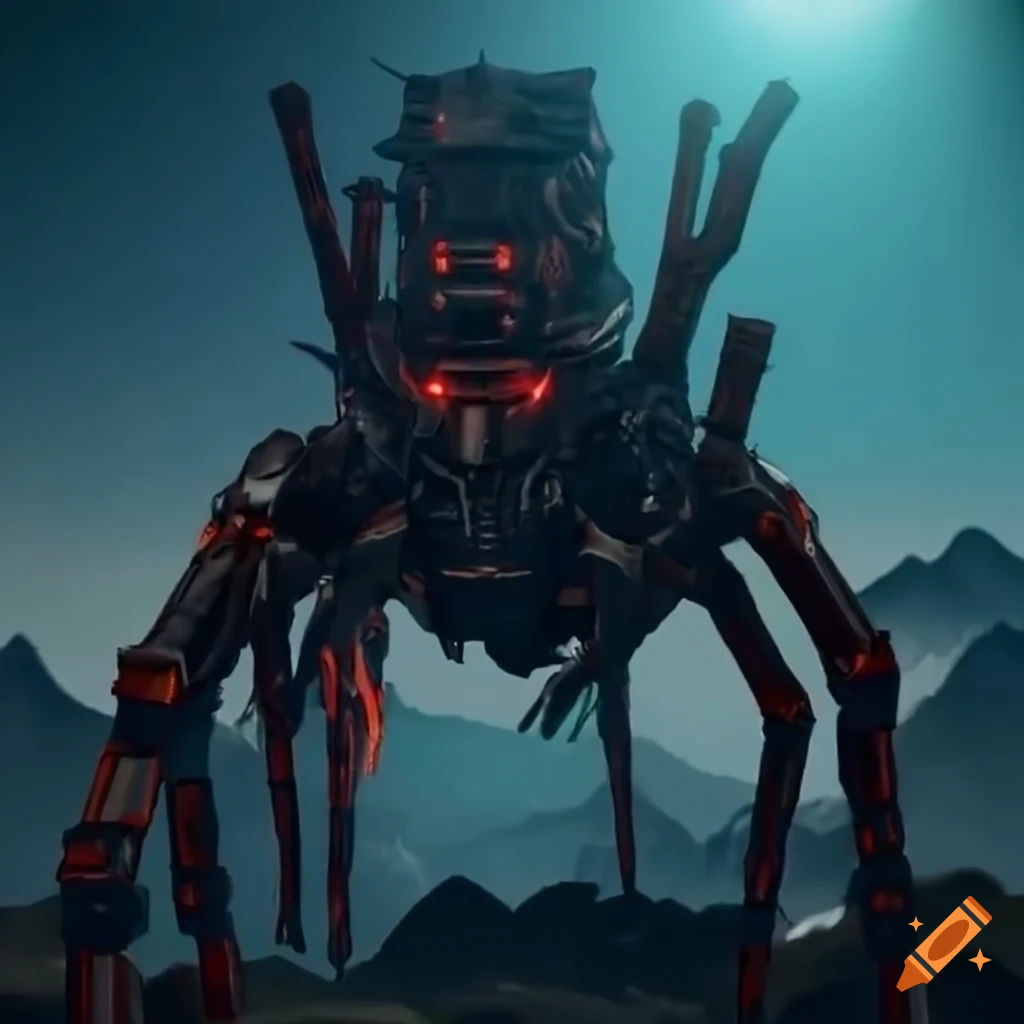 Epic scene of a giant mecha spider in the mountains on Craiyon