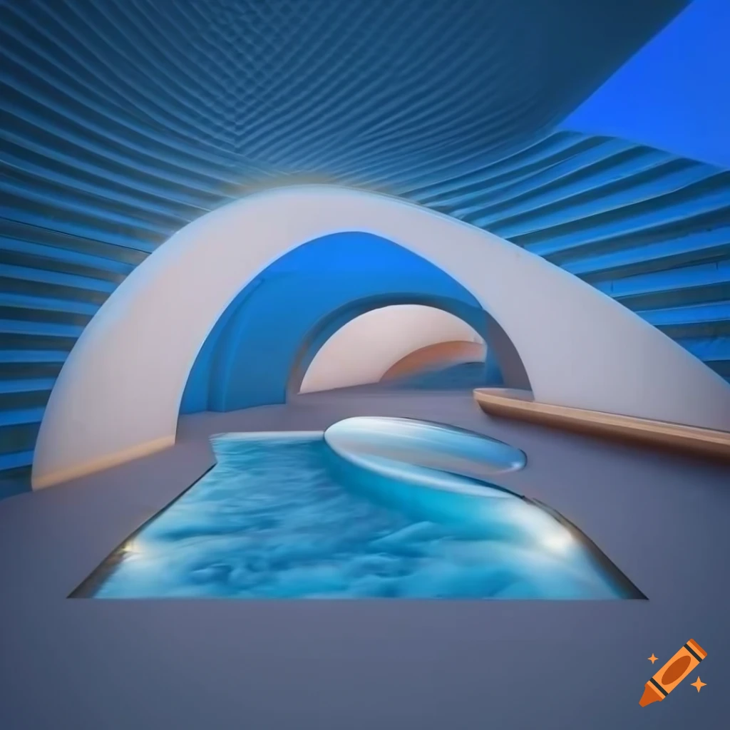 Surreal spa architecture with waterfalls and curvy forms on Craiyon
