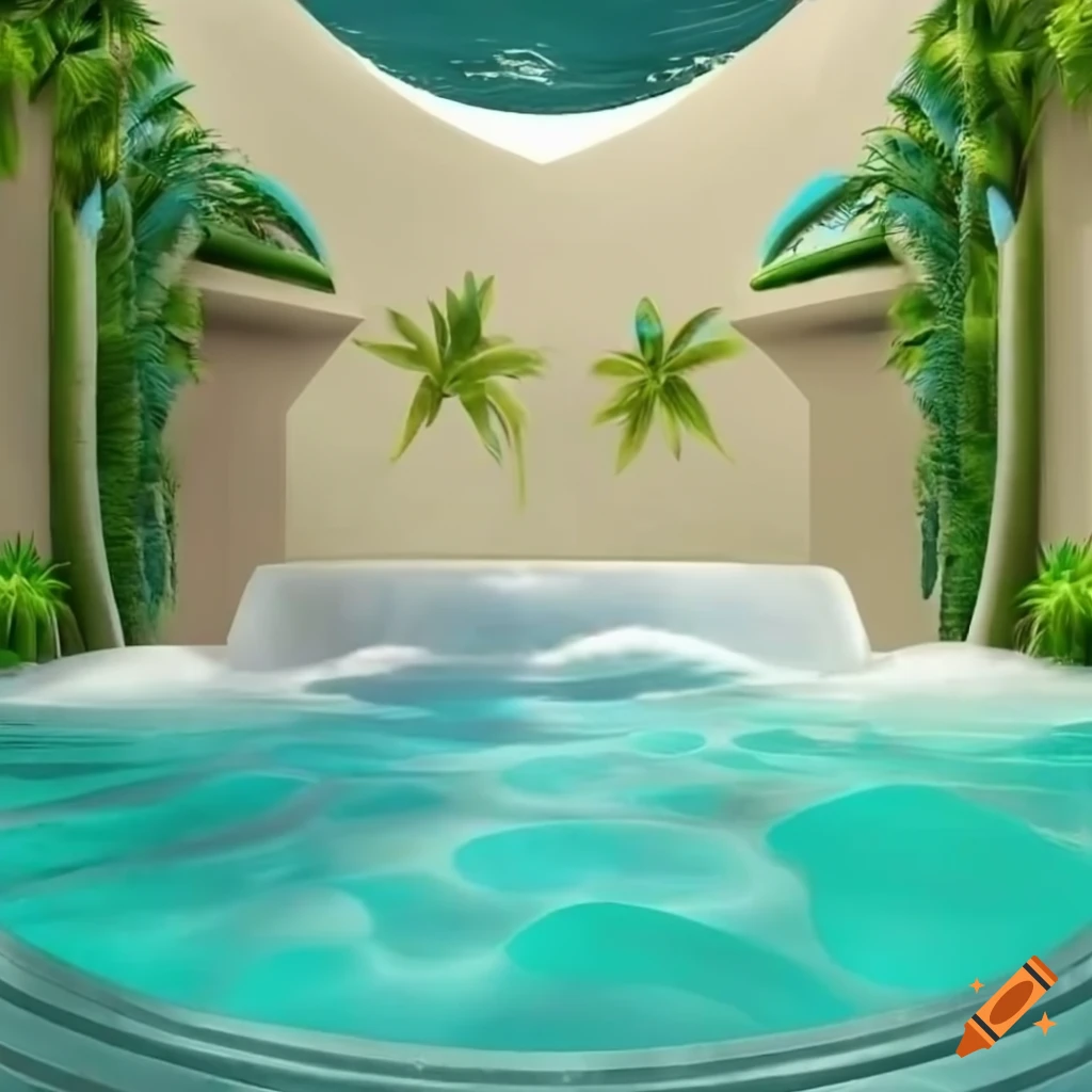 Surreal 3d rendering of an underwater spa with waterfalls