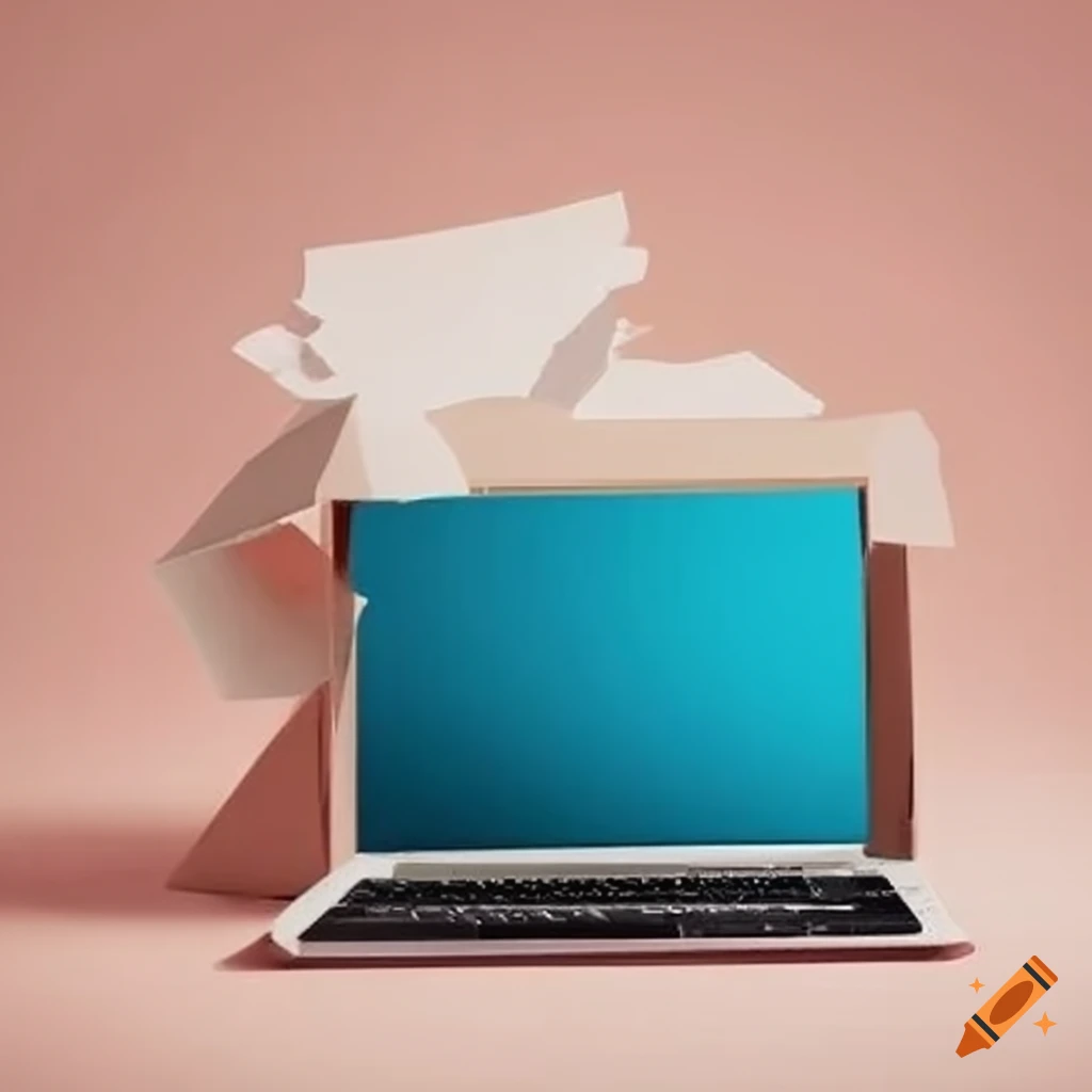 Laptop in a box surrounded by paper