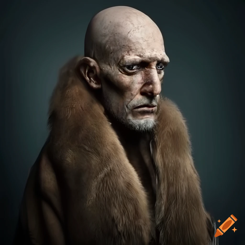 Character design of an old bald man in primitive attire on Craiyon