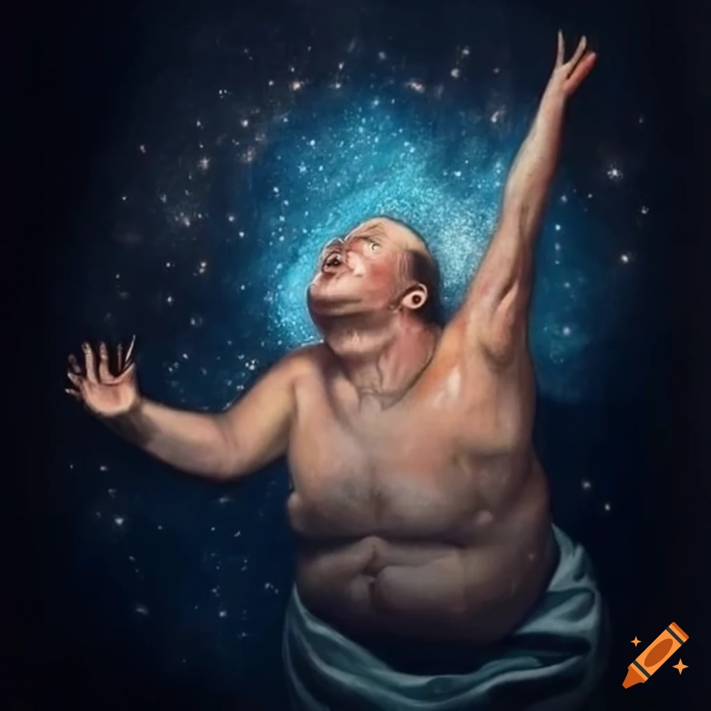 Humorous crayon artwork of an overweight man flying through space on a ...