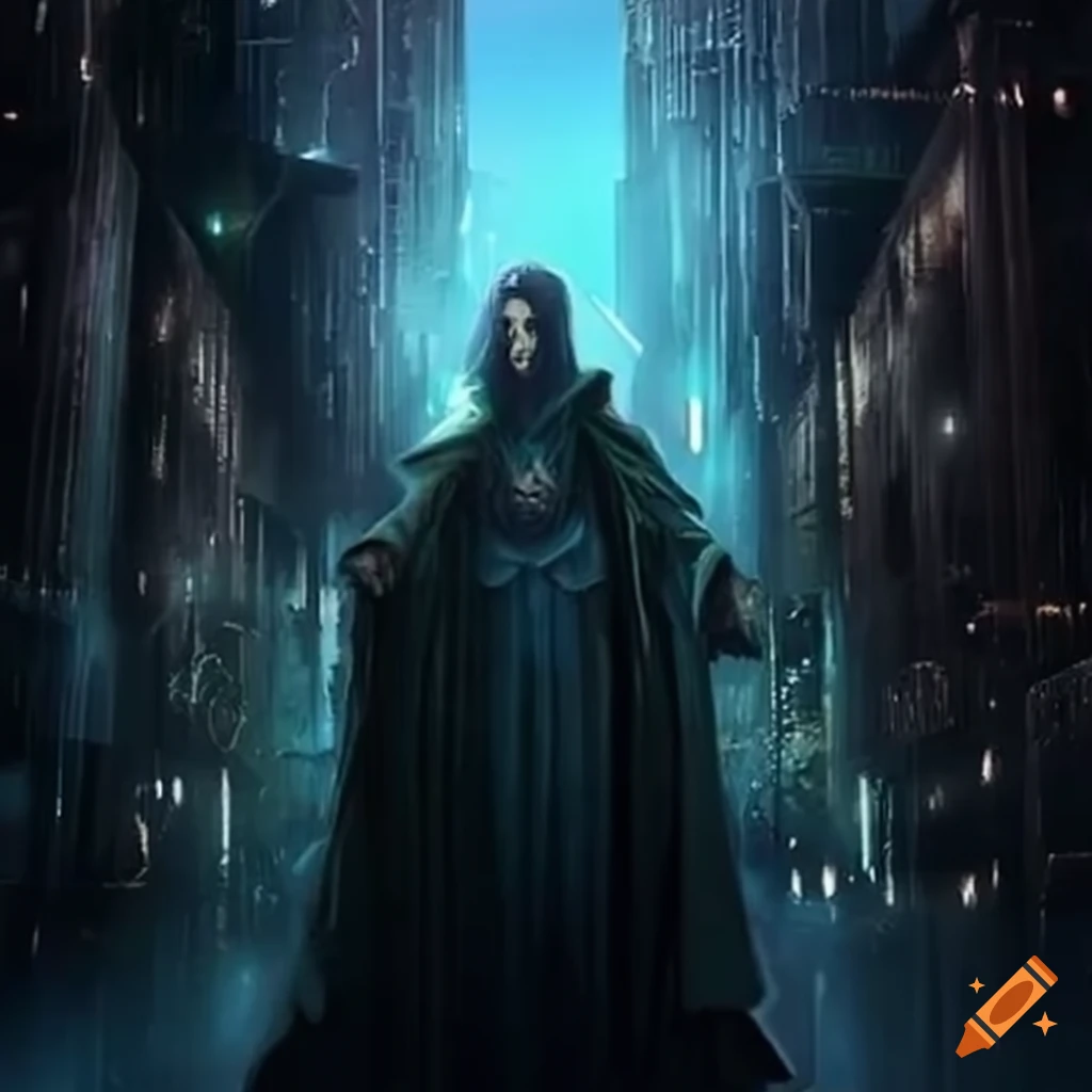 Wizard fascinated by futuristic city