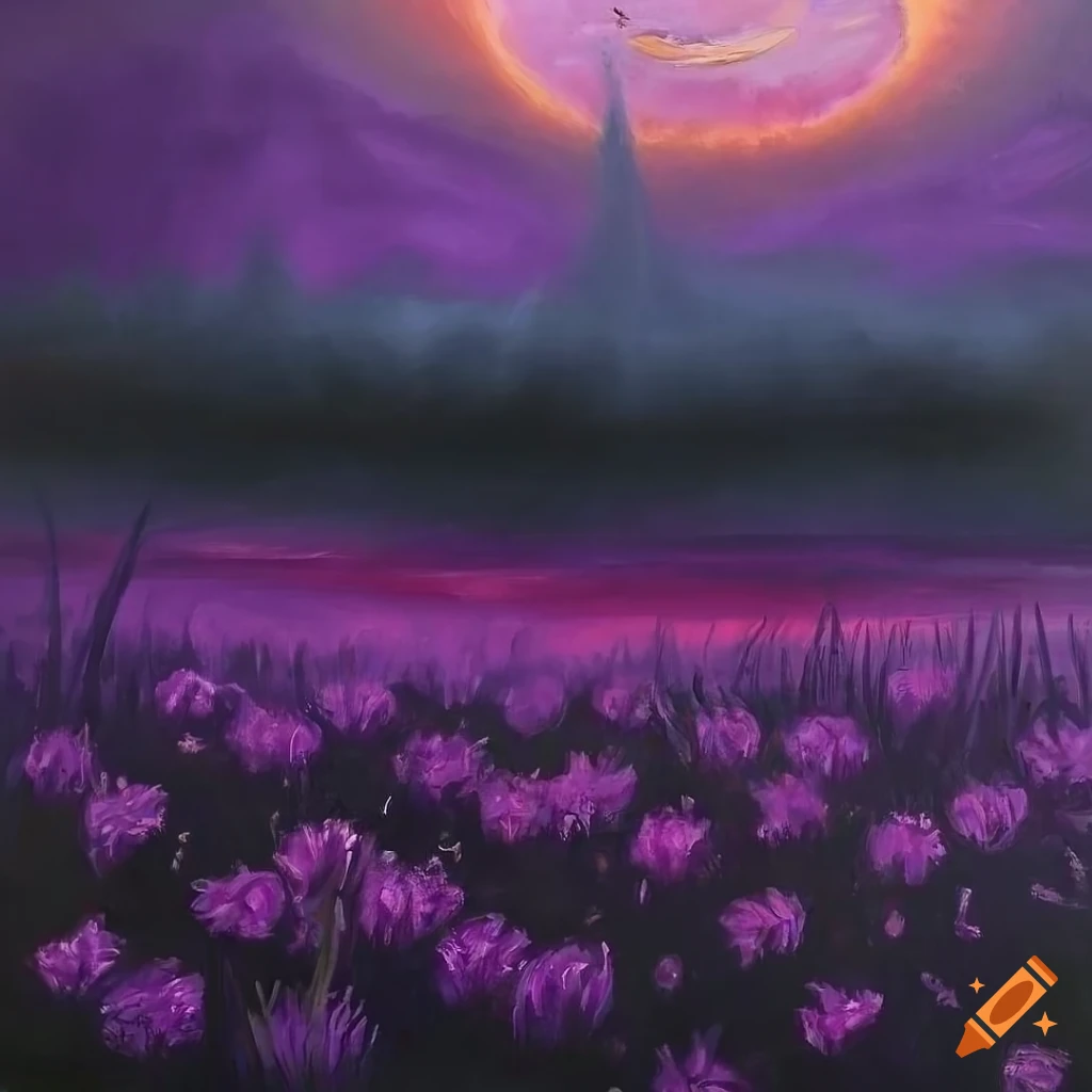 Dark oil painting of purple flowers in a fiery field on Craiyon