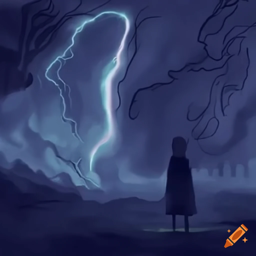 Image of a person standing alone in a thunderstorm on Craiyon