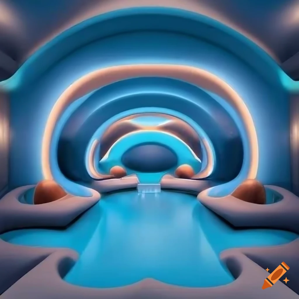 Surreal 3d rendered living room with pool hallway on Craiyon