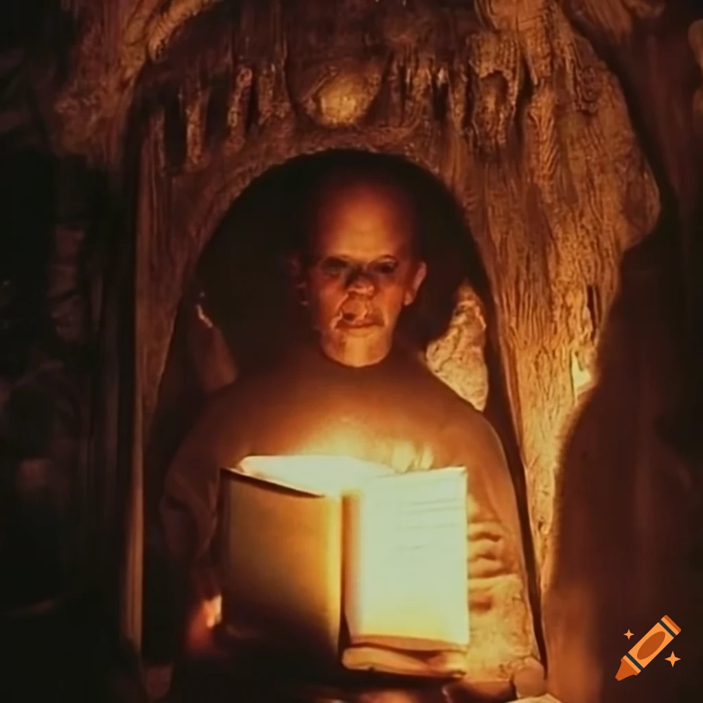 Crypt keeper reading a book in underground tomb on Craiyon