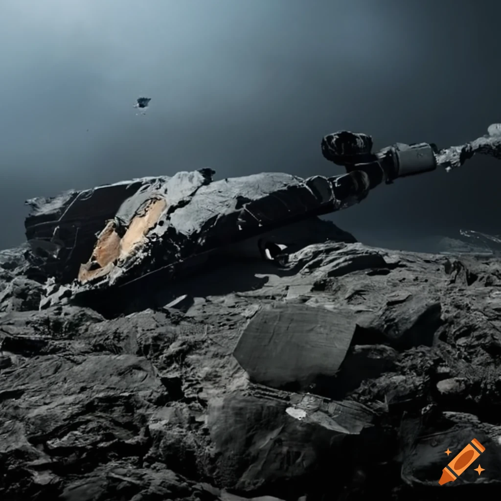 Satellite view of a crashed military spaceship on a rocky surface on ...