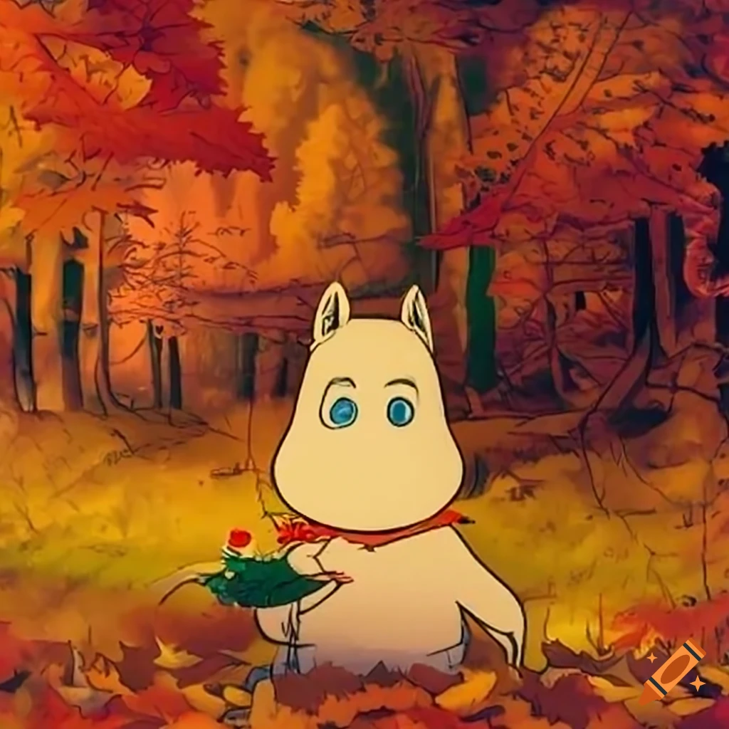 Colorful autumn scene with moomin in a fantasy world on Craiyon
