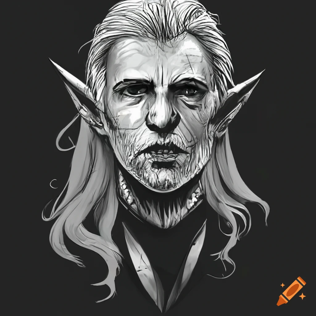 Black and white drawing of a dark fantasy elf resembling rick grimes on ...