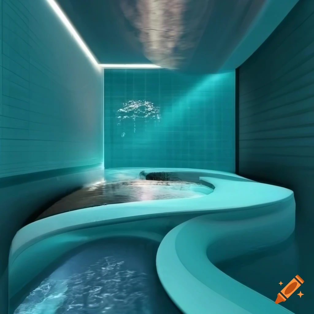 Surreal 3d rendering of an architectual spa with waterfalls on Craiyon