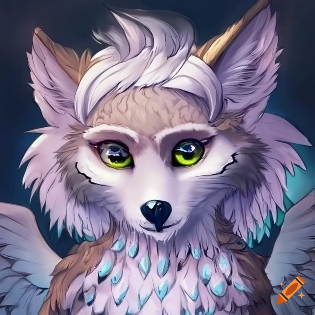 Illustration of an angelic anthro owl wolf on Craiyon